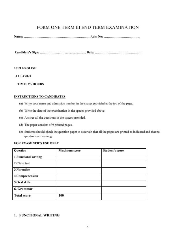 Form 1 Term 3 English Question Paper and Answers - 10240