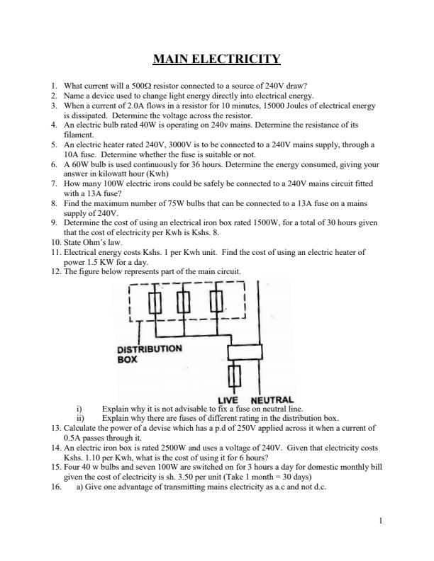 Mains Electricity Sample Questions - 11082