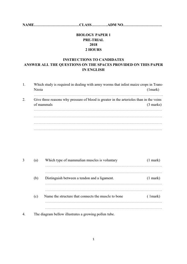 Form 3 Biology Paper 1 Sample Exam Paper With Answers - 11328