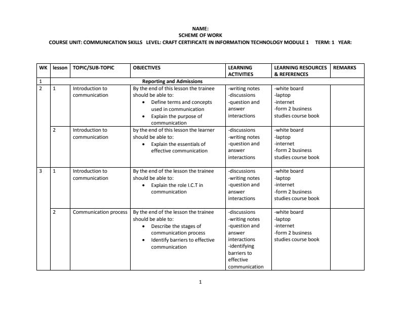 Knec Craft Certificate In Ict Communication Skills Schemes Of Work Module 1 Term 1 11551