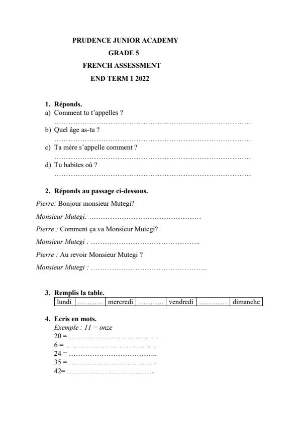 Grade 5 French Assessment Test Term 1 2022 - 11783
