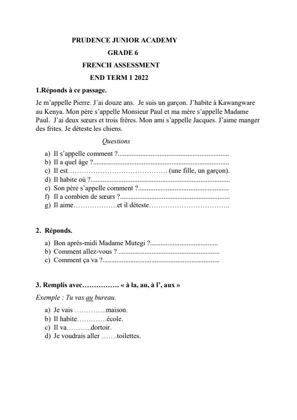 Grade 6 French Assessment Test Term 1 2022 - 11784