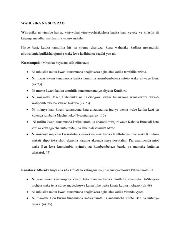 Wahusika na Sifa Zao, Maudhui Yaliyomo na Mbinu Za Uandishi Katika ...