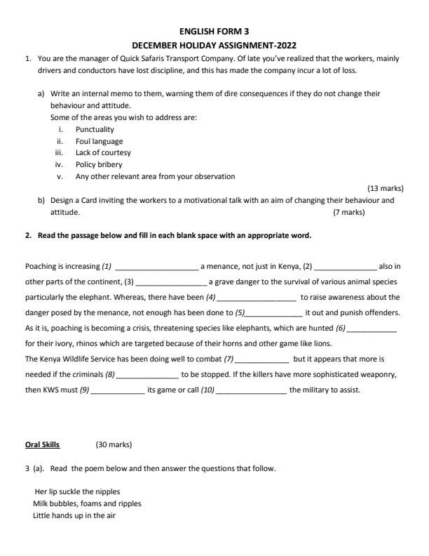 Form 3 English December Holiday Assignment 2022 - 12562