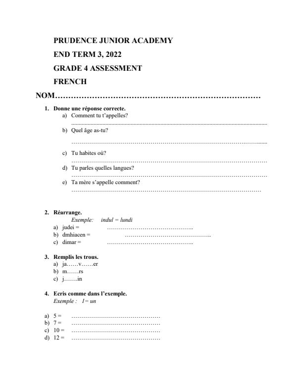 Grade 4 French Assessment End Term 3, 2022 - 12580