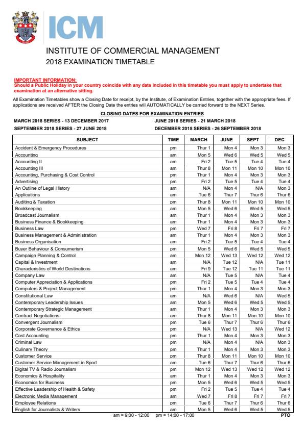Institute of Commercial Management ICM 2018 Examination Timetable - 2279
