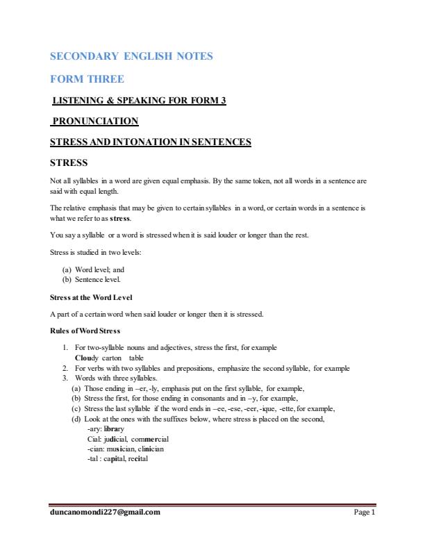 Comprehensive and simplified form 3 English and literature Notes - 3104