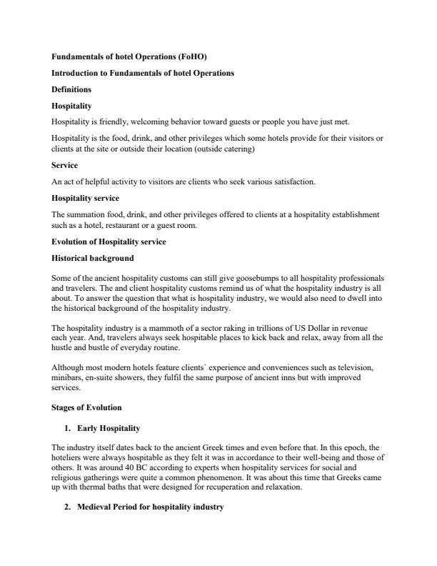 Fundamentals of Hotel Operations Notes - 4320