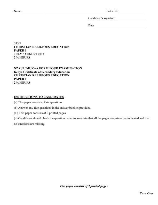 Form 4 CRE Examination Questions and Answers - Nzaui Mukaaa - 437