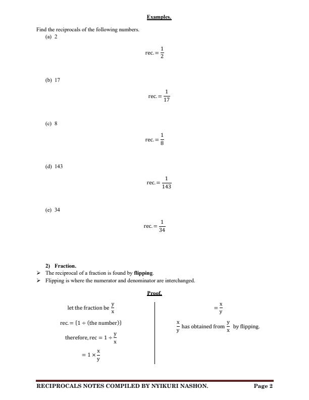 Form 2 Mathematics Notes on Reciprocals - 7084