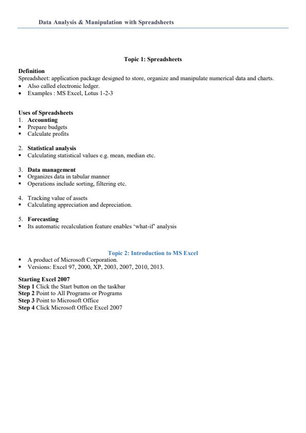 Notes On Data Analysis And Manipulation Using Spreadsheets Ms Excel 7278
