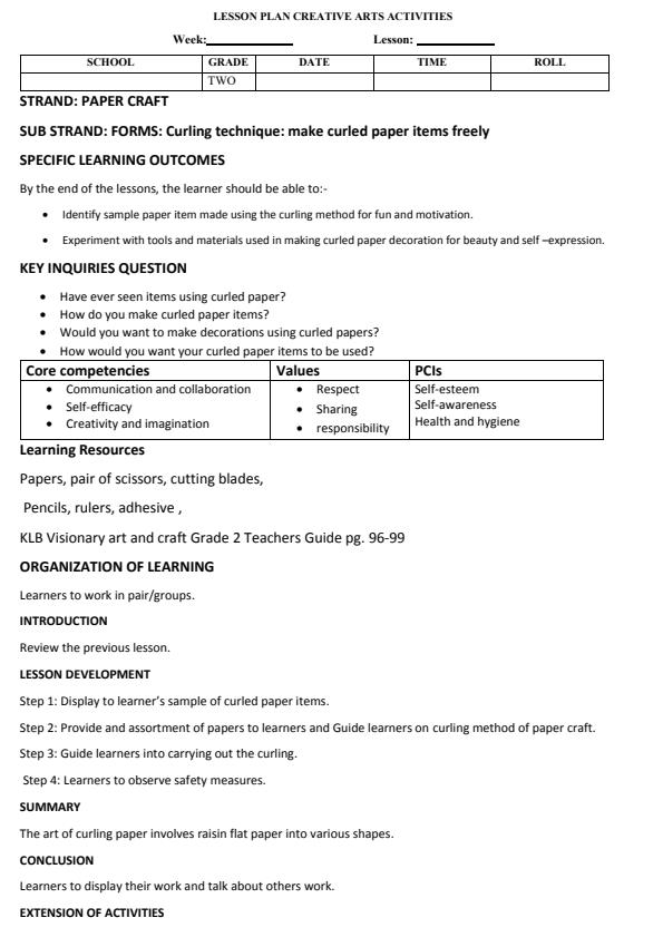 2024 Grade 2 Creative Arts Activities Lesson Plan on Paper Craft - 9570