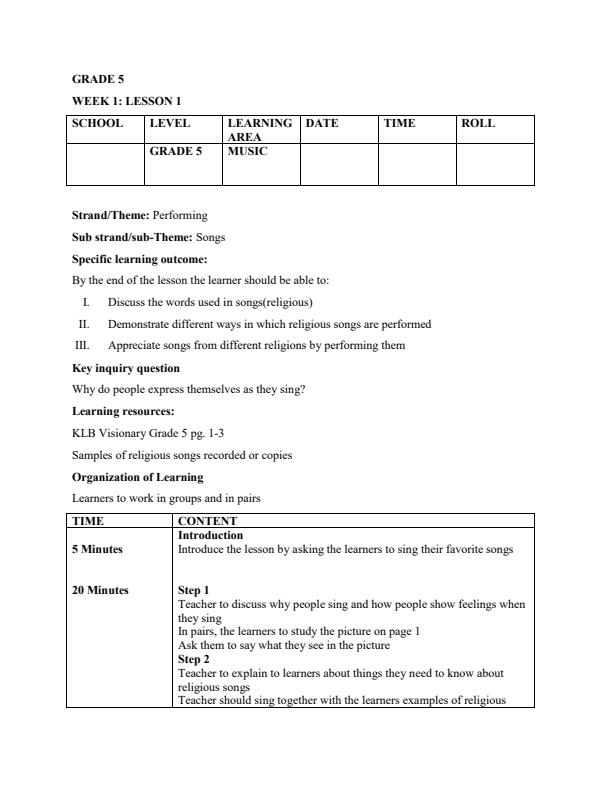 Grade 5 KLB Visionary Music Lesson Plans Term 1 9890