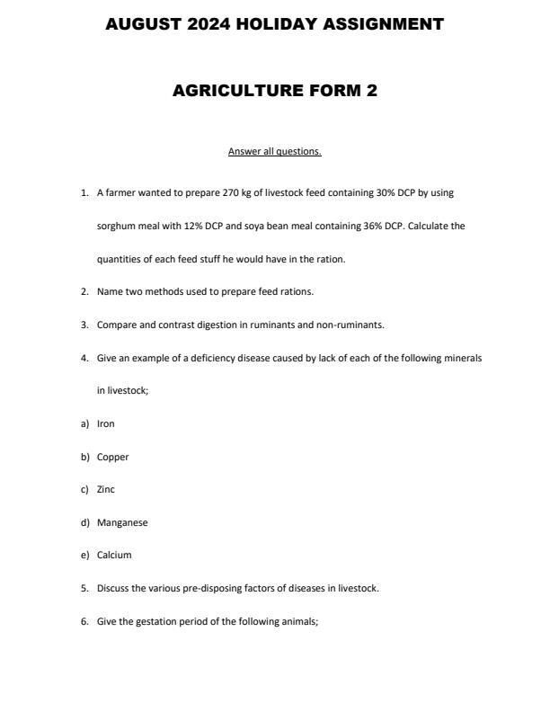 Form 2 Agriculture August 2024 Holiday Assignment - 16710