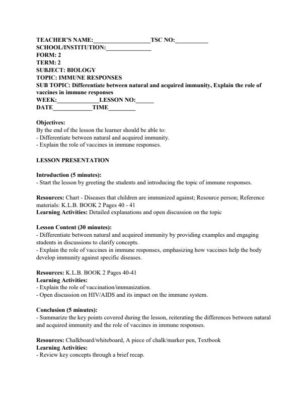 Form 2 Biology Lesson Plans Term 2 - 16859