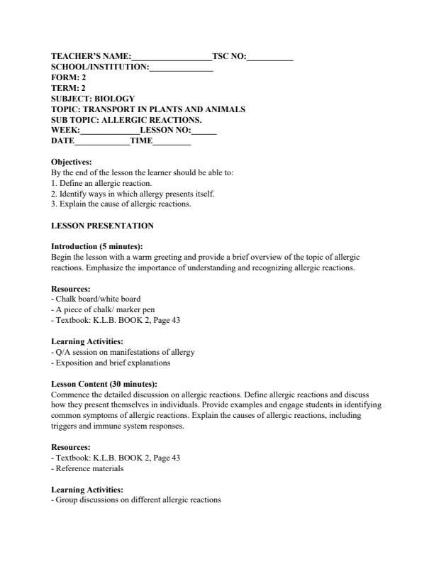 Form 2 Biology Lesson Plans Term 2 - 16859