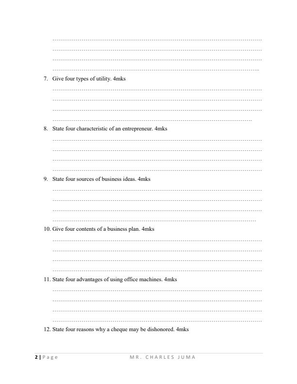 Form 2 Business Studies Opener C.A.T 1 Term 1 2023 - 13066