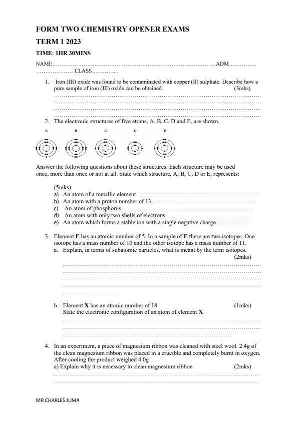 Form 2 Chemistry Opener C.A.T 1 Exam Term 1 2023 - 13069