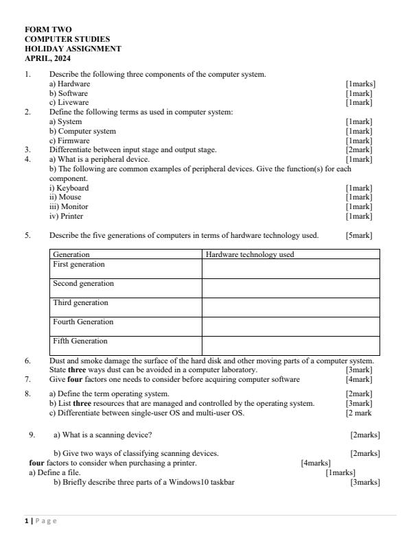 Form 2 Computer Studies April 2024 Holiday Assignment - 15898