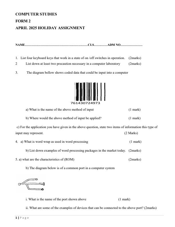 Form 2 Computer Studies April 2025 Holiday Assignment - 18186