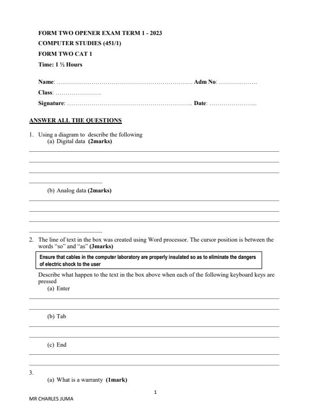 Form 2 Computer Studies Opener C.A.T 1 Exams Term 1 2023 - 13070