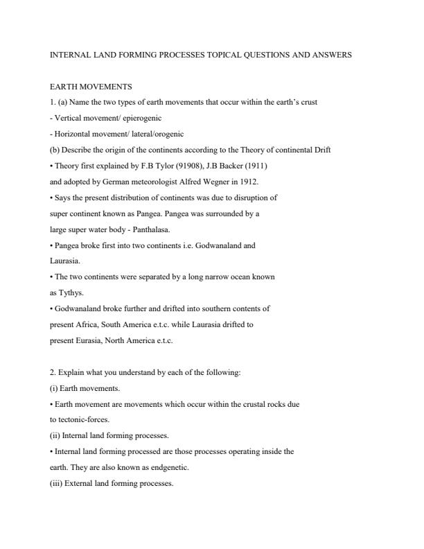 Form 2 Geography: Internal Land Forming Processes Topical Questions and ...