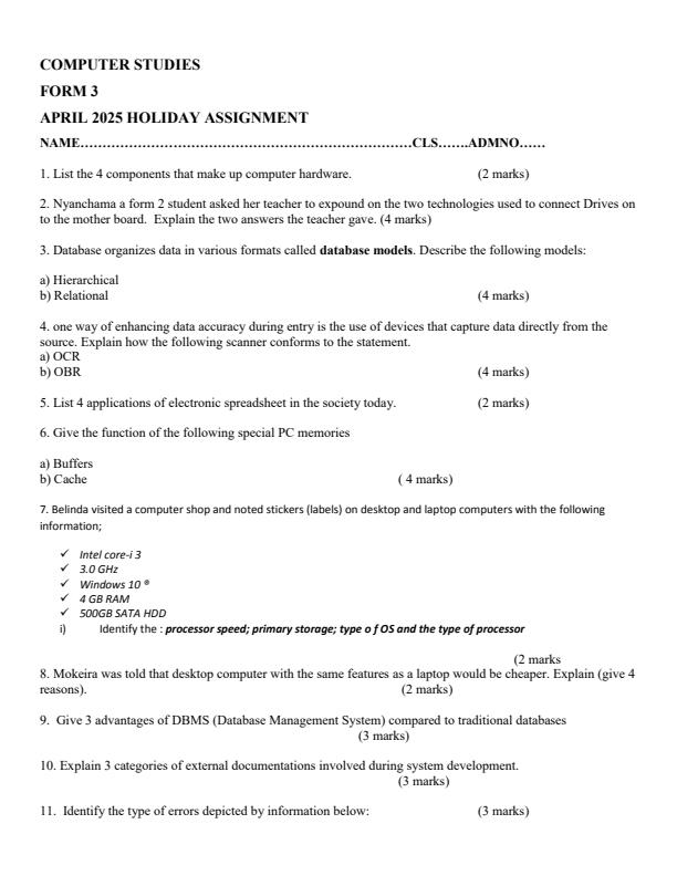 Form 3 Computer Studies April 2025 Holiday Assignment - 18198