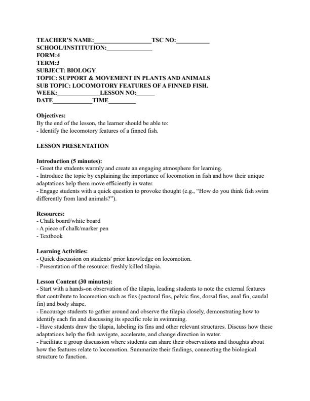 Form 4 Biology Lesson Plans Term 3 - 17114