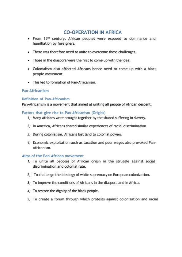 Form 4 History and Government Notes on Co-operation in Africa - 16558