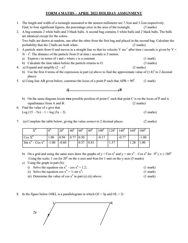 Form 4 Mathematics April Holiday Assignment 2023 - 13714