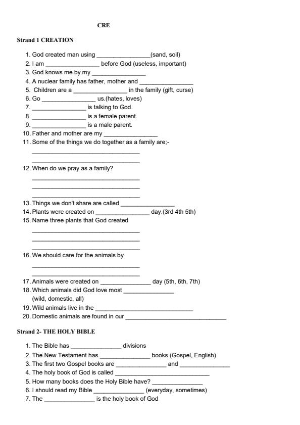 Grade 1 CRE Topical Questions and Answers - 16637