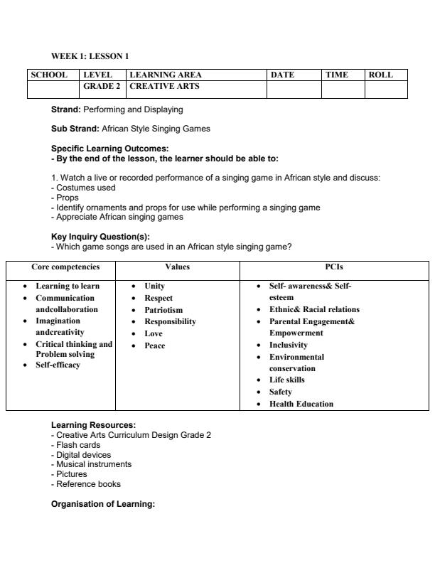 Grade 2 Rationalised Creative Arts Lesson Plans Term 2 - 16676