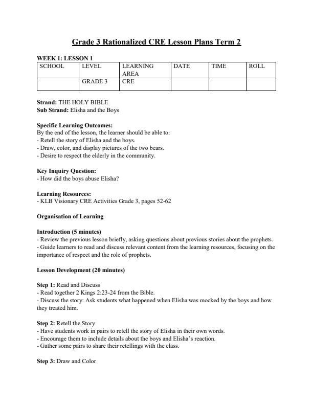 Grade 3 Rationalised CRE Lesson Plans Term 2 - 16551