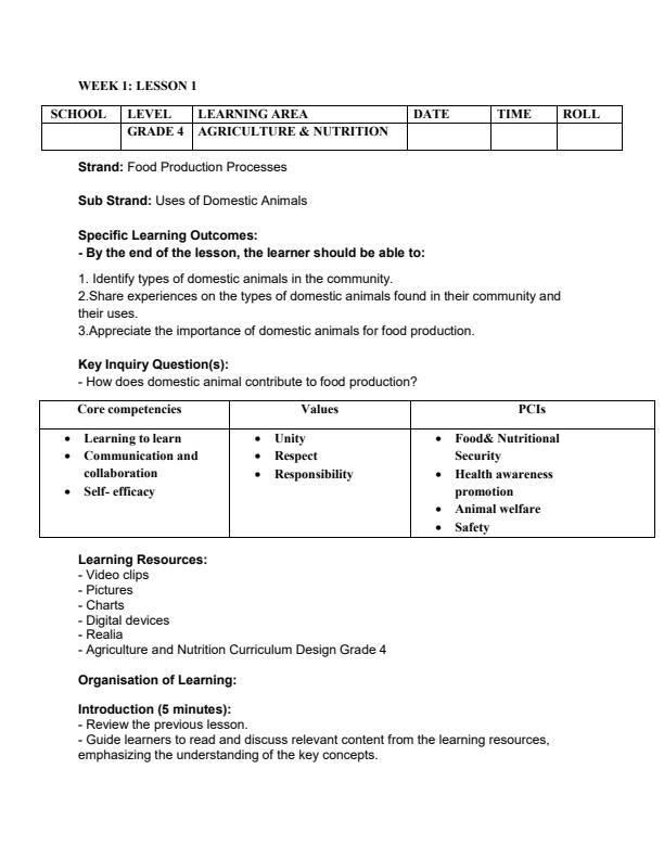 Grade 4 Agriculture and Nutrition Rationalised Lesson Plans Term 2 - 16667