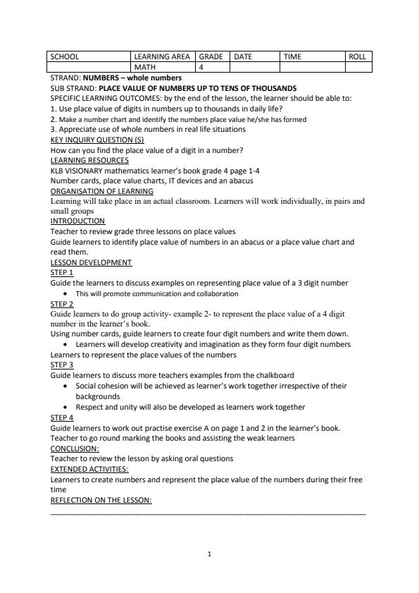 Grade 4 Mathematics Lesson Plans Term 1, 2 and 3- KLB Visionary - 14106
