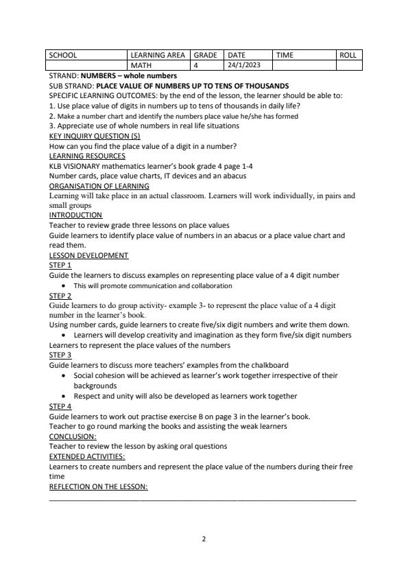 Grade 4 Mathematics Lesson Plans Term 1 2 And 3 KLB Visionary 14106