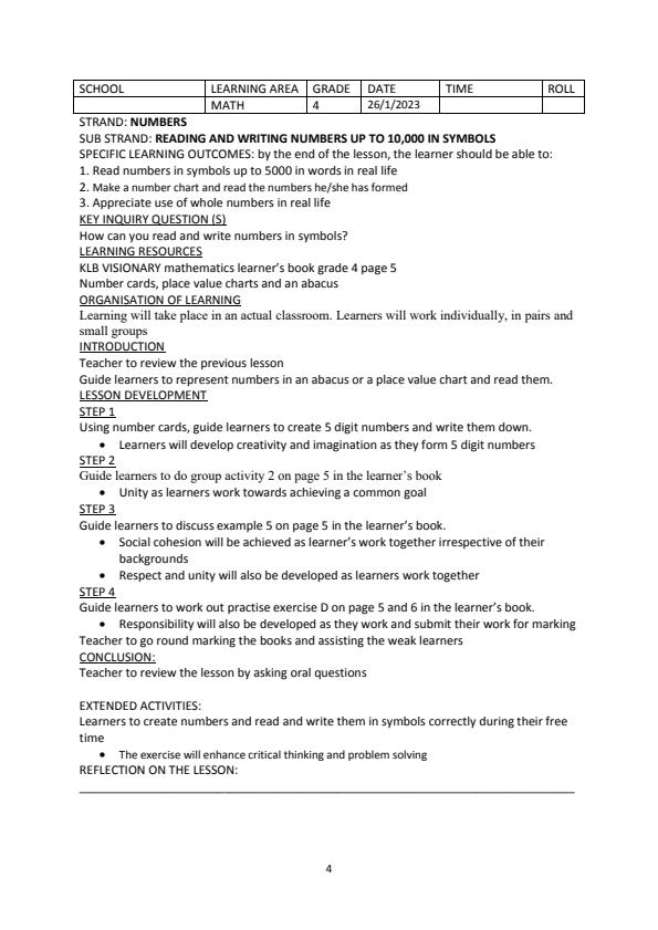 Grade 4 Mathematics Lesson Plans Term 1 2 And 3 KLB Visionary 14106 Grade 4 Mathematics Lesson Plans Term 1 2 And 3 KLB Visionary 14106