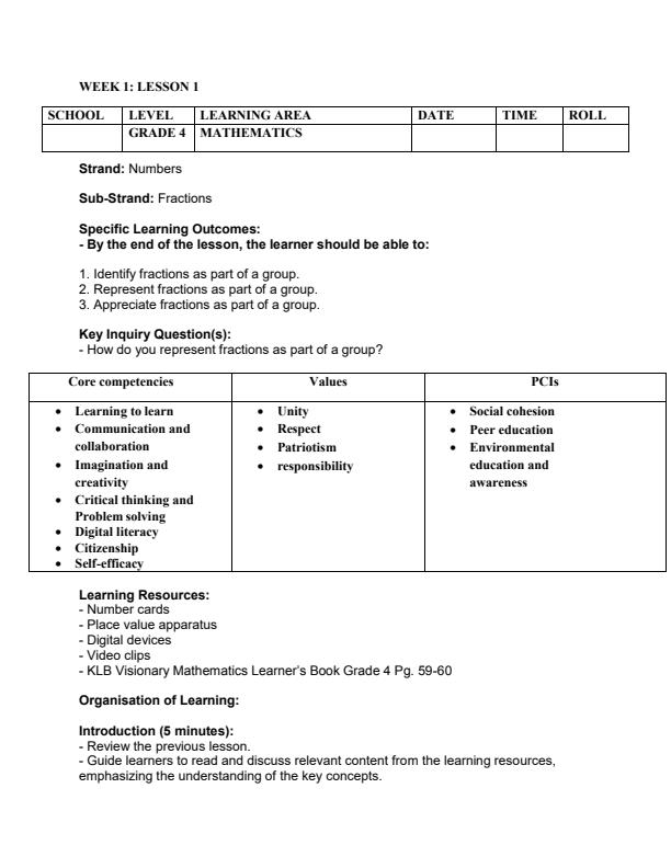 Grade 4 Mathematics Lesson Plans Term 2 Grade 4 Mathematics Lesson Plans Term 2