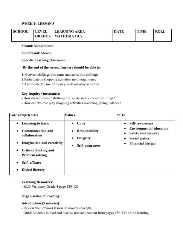 Grade 4 Mathematics Lesson Plans Term 3 16908