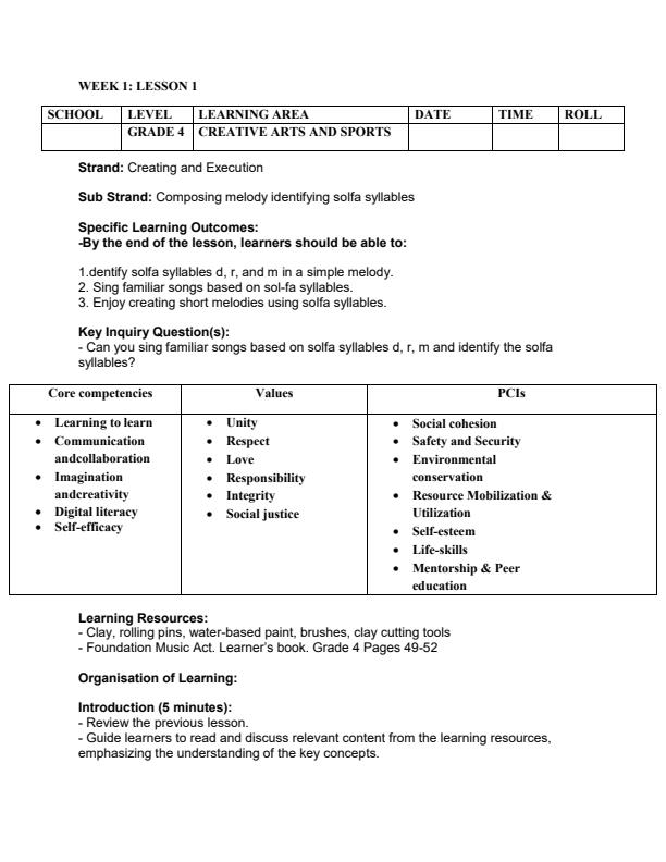 Grade 4 Rationalised Creative Arts and Sports Lesson Plans Term 2 - 16666