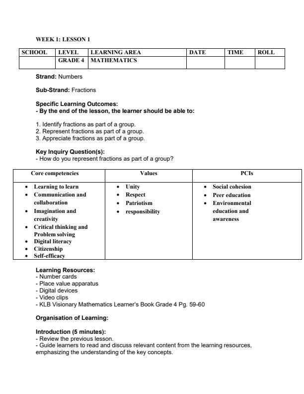 Grade 4 Mathematics Lesson Plans Term 2 - 16704