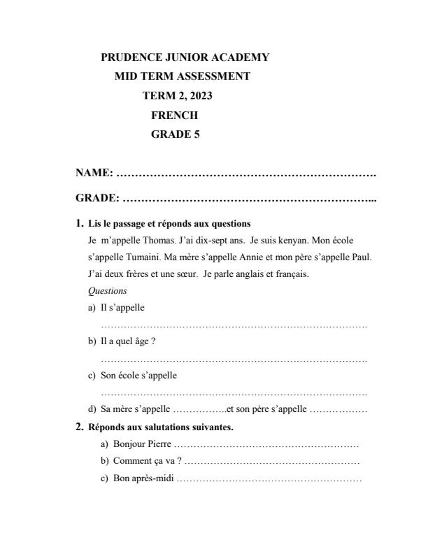 Grade 5 French Assessment Mid Term 2 2023 - 14232