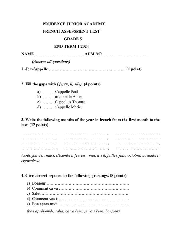 Grade 5 French Assessment Test End Term 1 2024 - 15770