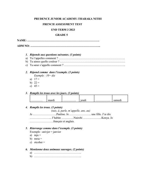 Grade 5 French Assessment Test End Term 3 2023 - 14831