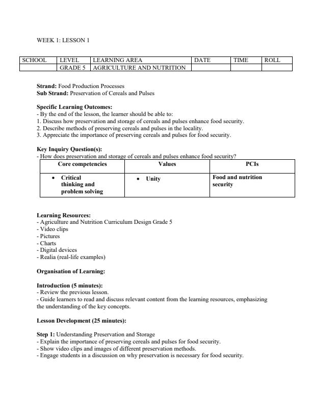 Grade 5 Rationalized Agriculture and Nutrition Lesson Plans Term 2 - 16608