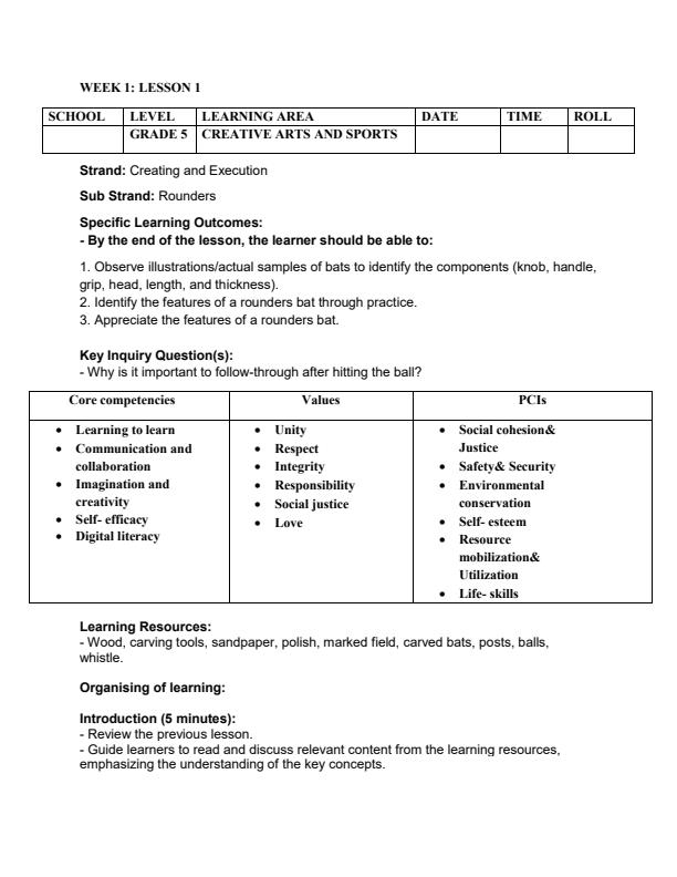 Grade 5 Rationalised Creative Arts and Sports Lesson Plans Term 2 - 16614