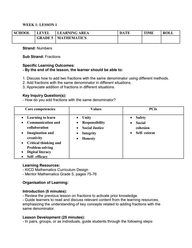 Grade 5 Rationalized Mathematics Lesson Plans Term 2 - 16605