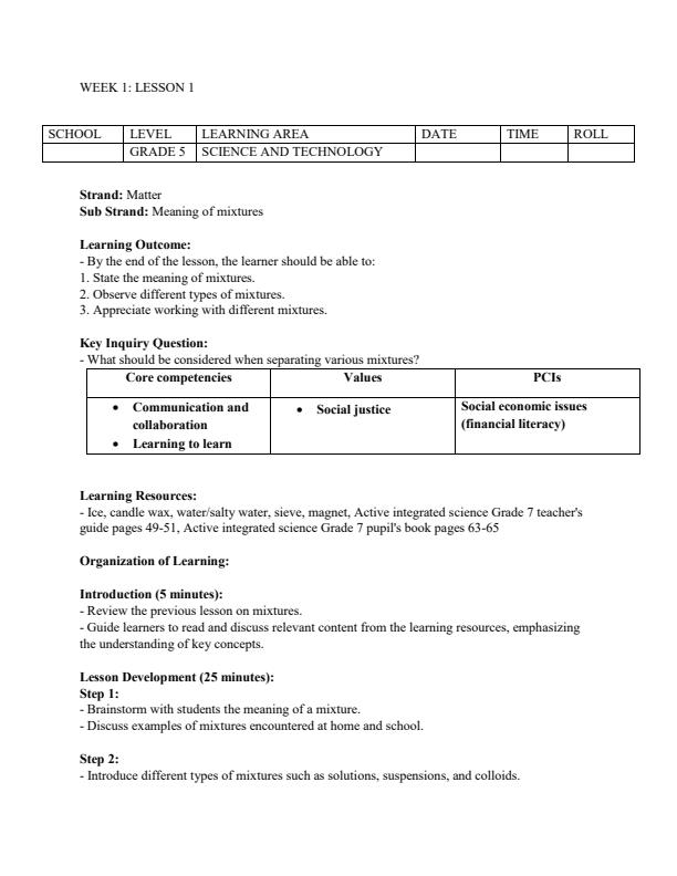 Grade 5 Rationalized Science and Technology Lesson Plans Term 2 - 16615