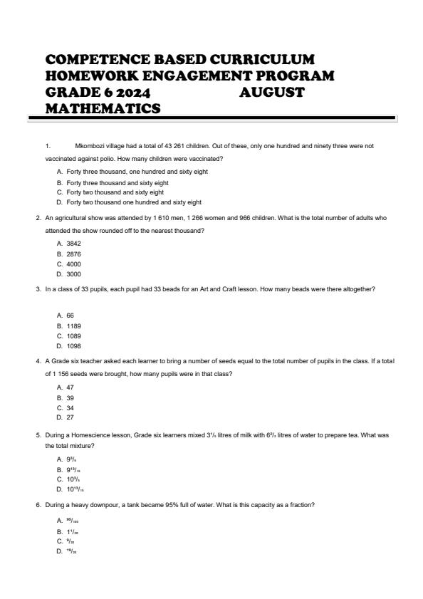 Grade 6 Mathematics August 2024 Holiday Assignment - 16817