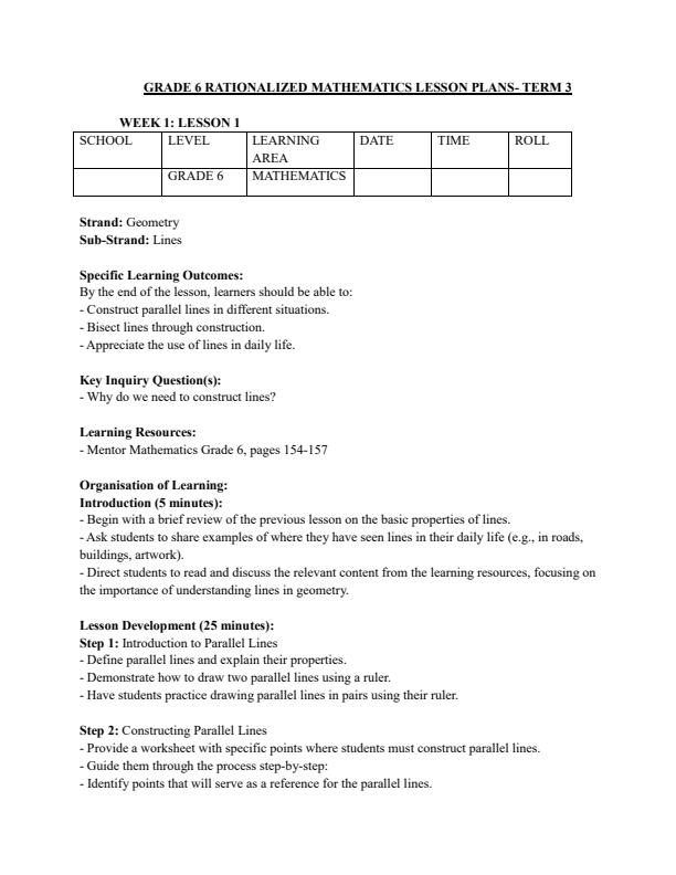 Grade 6 Rationalised Mathematics Lesson Plans Term 3 - 16840
